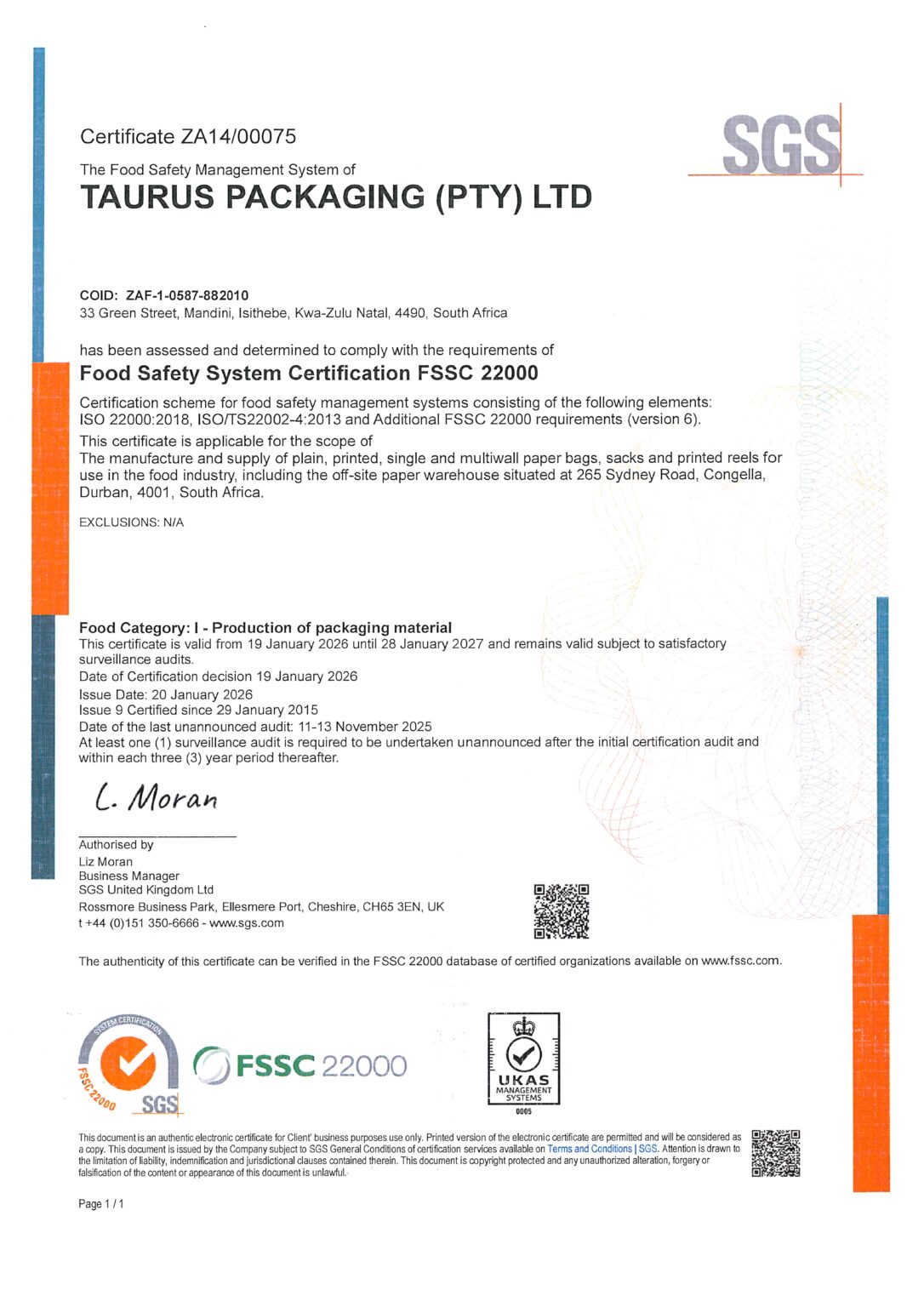 Taurus Packaging / Certificates